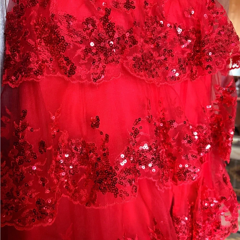 ADORA | Dresses | Red Sequin Ruffle Sheer Corset Prom Gown | Poshmark